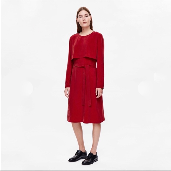 COS | Dresses | Cos Red Layered Bodice Tie Waist Long Sleeve Midi Dress ...